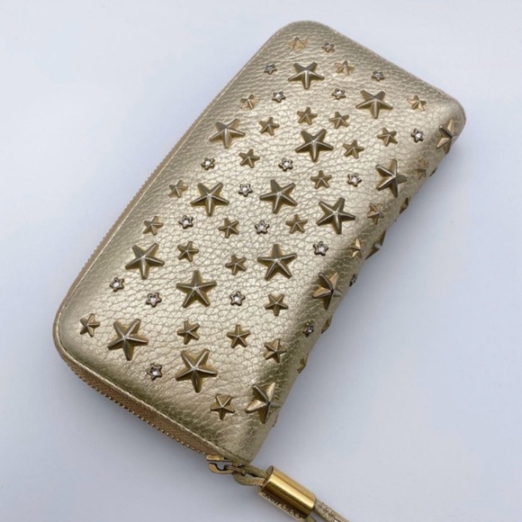 Jimmy Choo | Bags | Jimmy Choo Star Studded Gold Zip Around Wallet ...